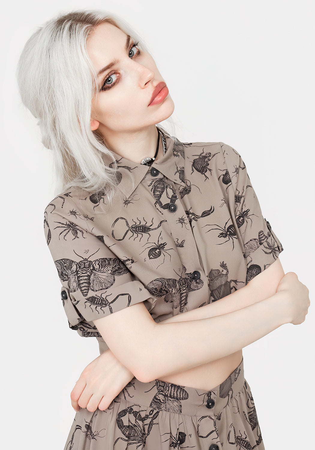 Parasite Bugs Print Crop Short Sleeve Shirt - Taupe | Disturbia - Shop ...