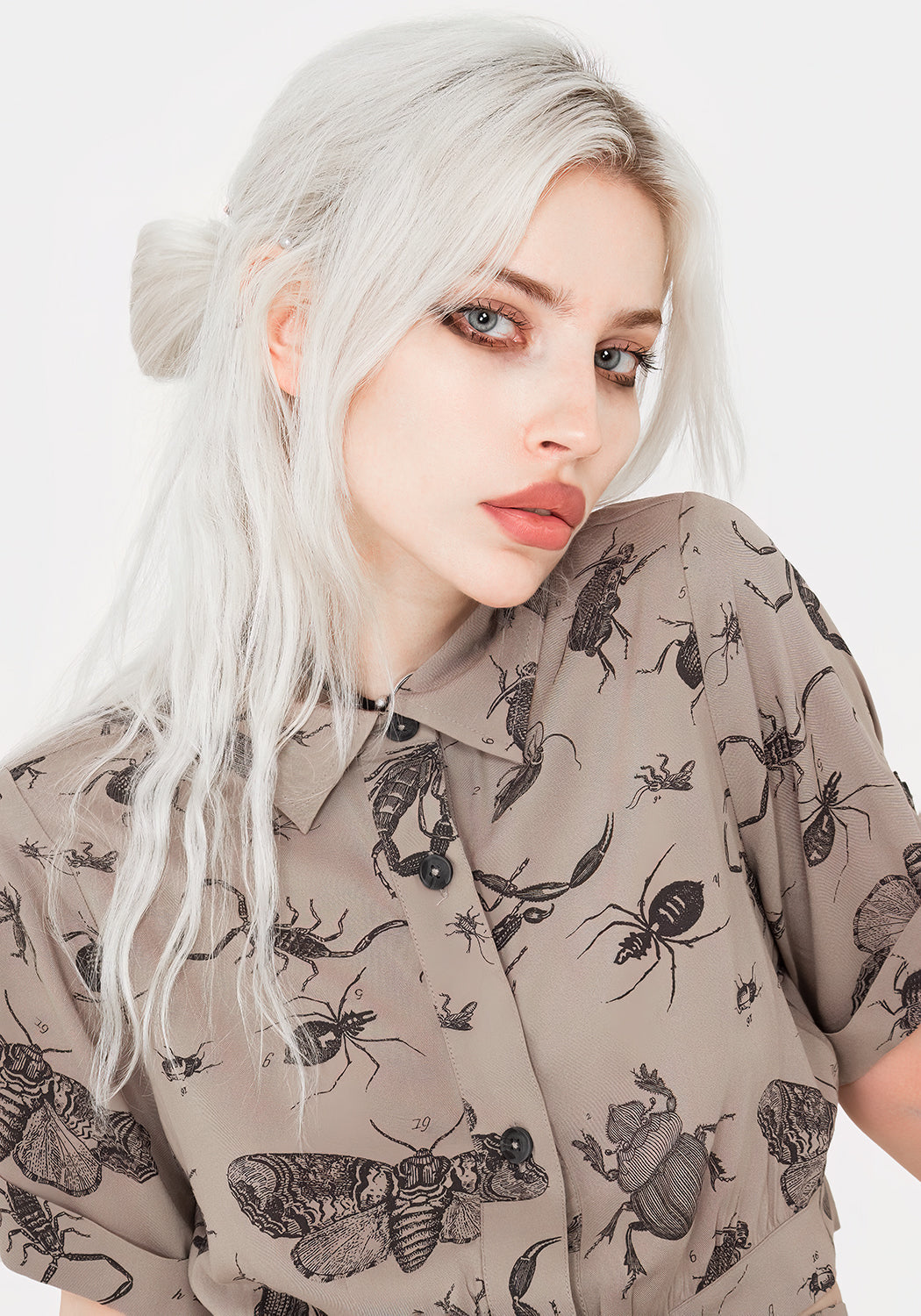 Parasite Bugs Print Crop Short Sleeve Shirt - Taupe – Disturbia