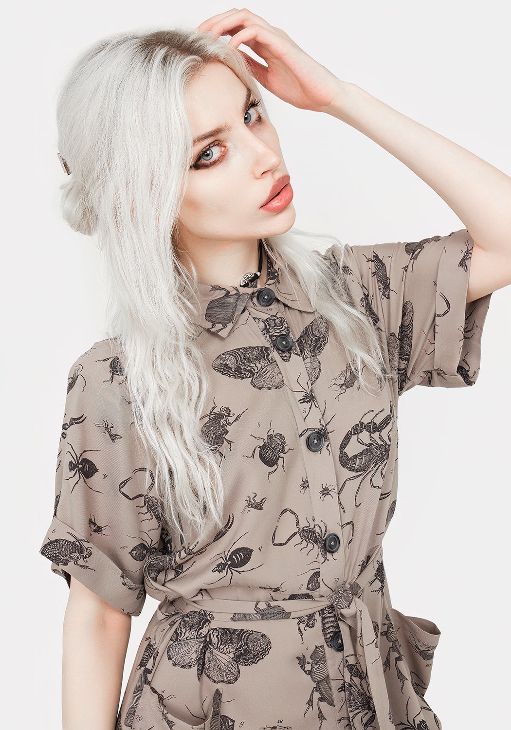 Parasite Bugs Print Mini Short Sleeve Shirt Dress - Taupe | Disturbia ...