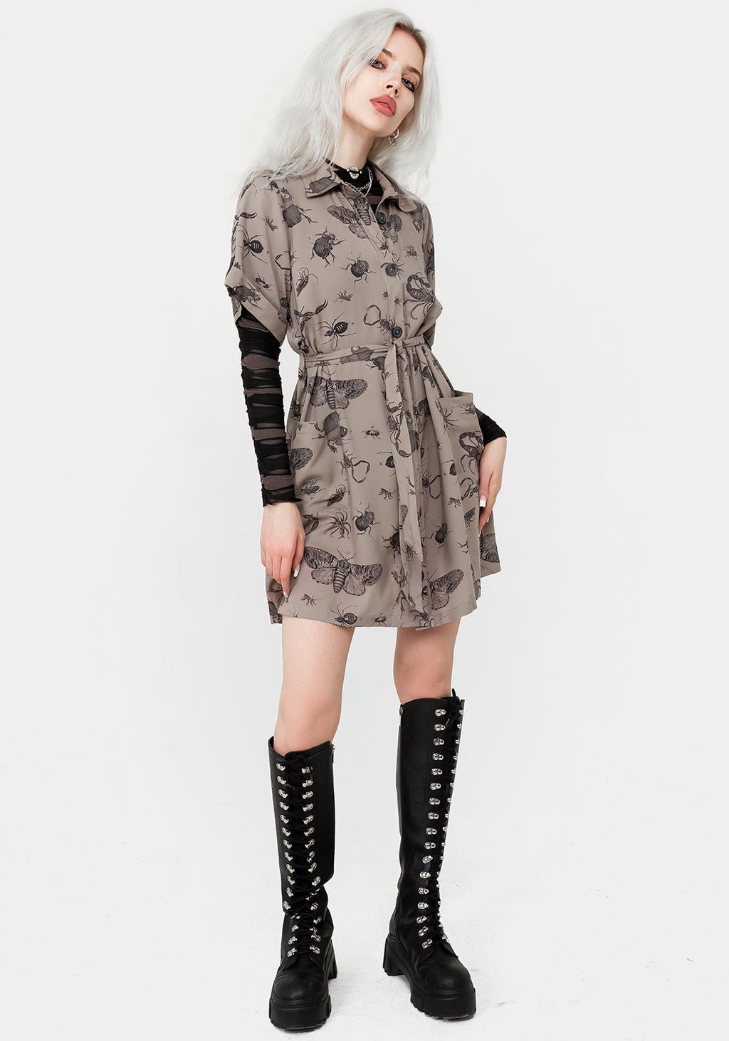 Parasite Bugs Print Mini Short Sleeve Shirt Dress - Taupe | Disturbia ...