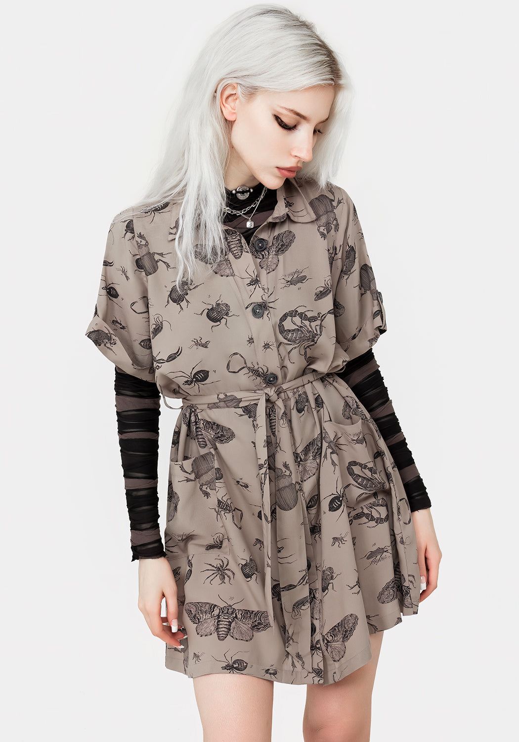 Parasite Bugs Print Mini Short Sleeve Shirt Dress - Taupe | Disturbia ...