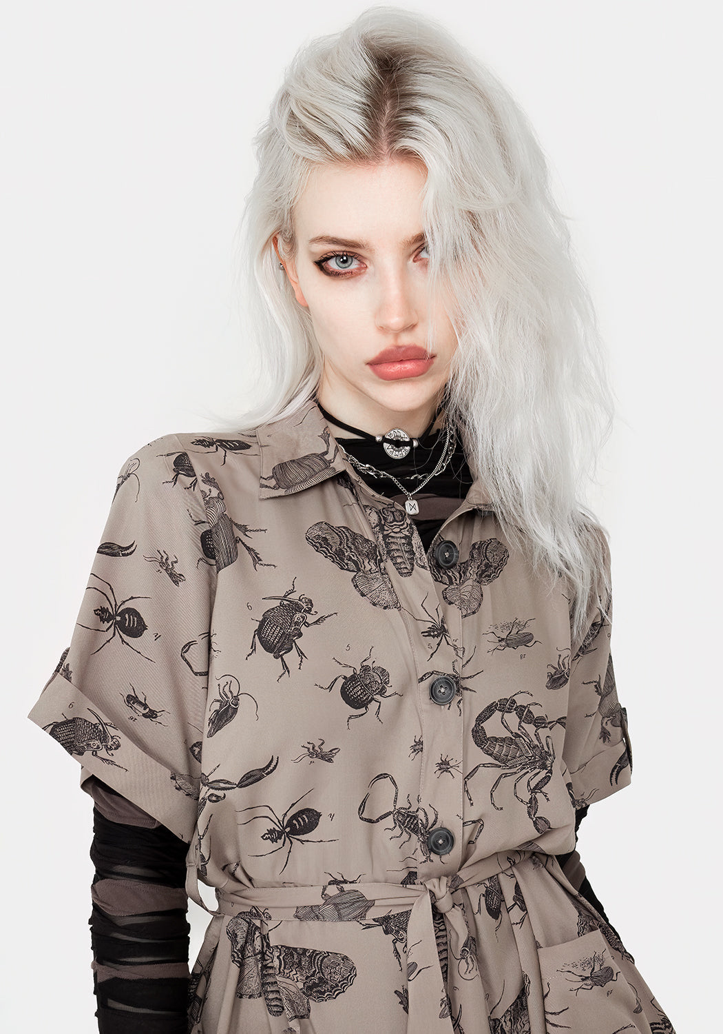 Parasite Bugs Print Mini Short Sleeve Shirt Dress - Taupe | Disturbia ...